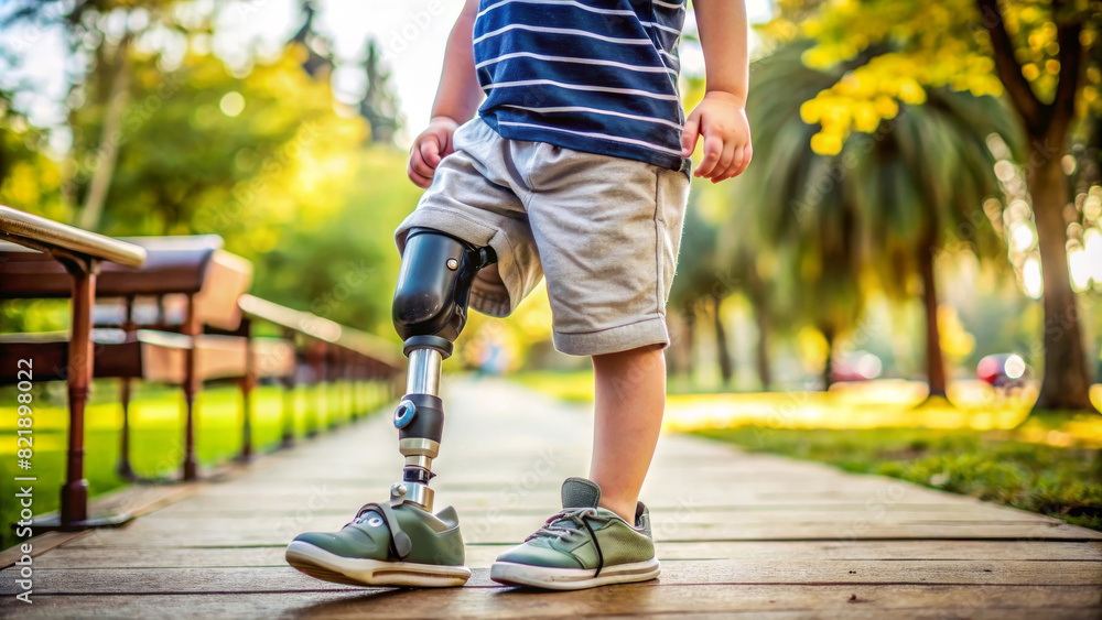 Disabled boy with prosthetic limb. High tech bionic prosthetic leg ...