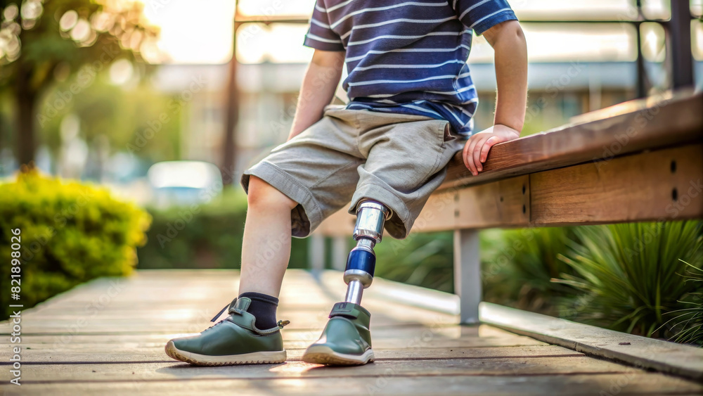 Disabled boy with prosthetic limb. High tech bionic prosthetic leg ...