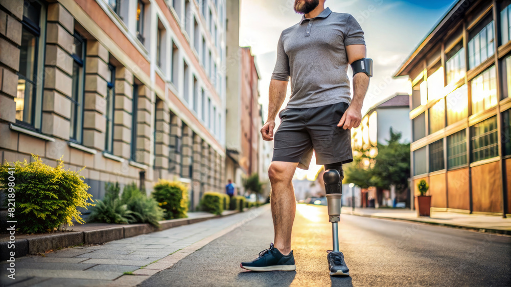 Disabled young man with prosthetic leg at street. High tech artificial ...
