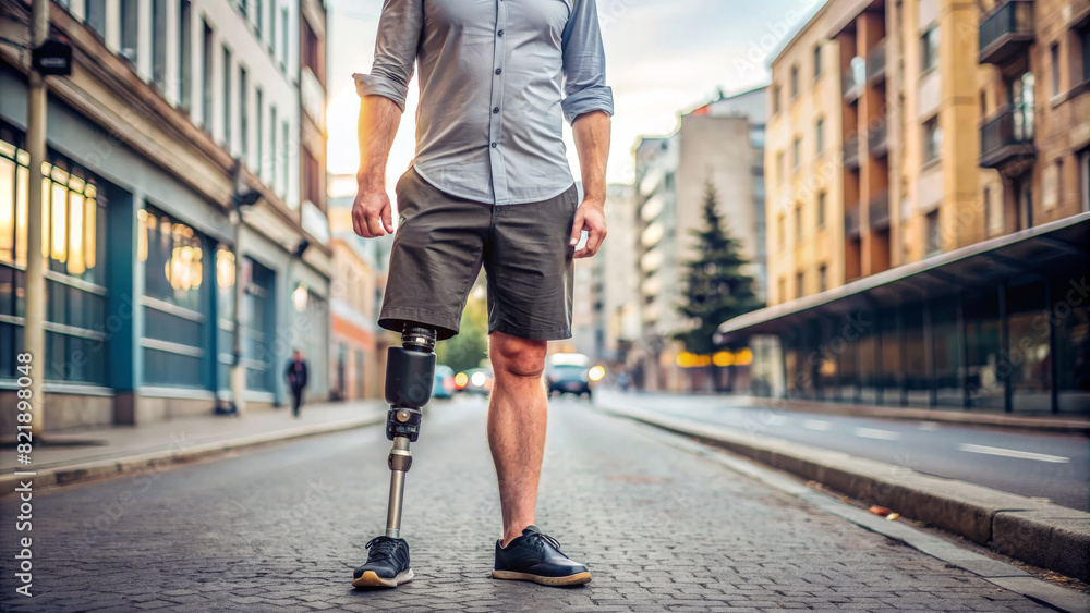 Disabled young man with prosthetic leg at street. High tech artificial ...