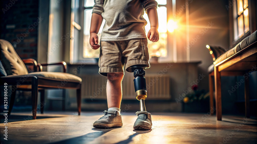 Disabled boy with prosthetic limb. High tech bionic prosthetic leg ...