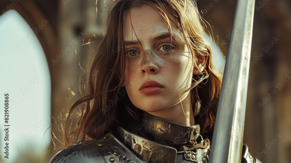 A dramatic portrait of a female warrior, her hair windswept as she ...