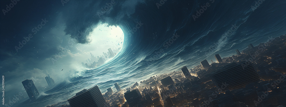Huge tsunami wave destroying modern city. Great earthquake. Effect of ...