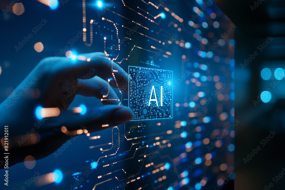 Hand touching AI chipset on digital interface. AI technology ...