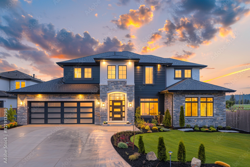 This stunning stock photo showcases a beautifully crafted modern house ...