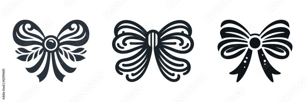 Vector illustration of three decorative bows in black and white. Each ...