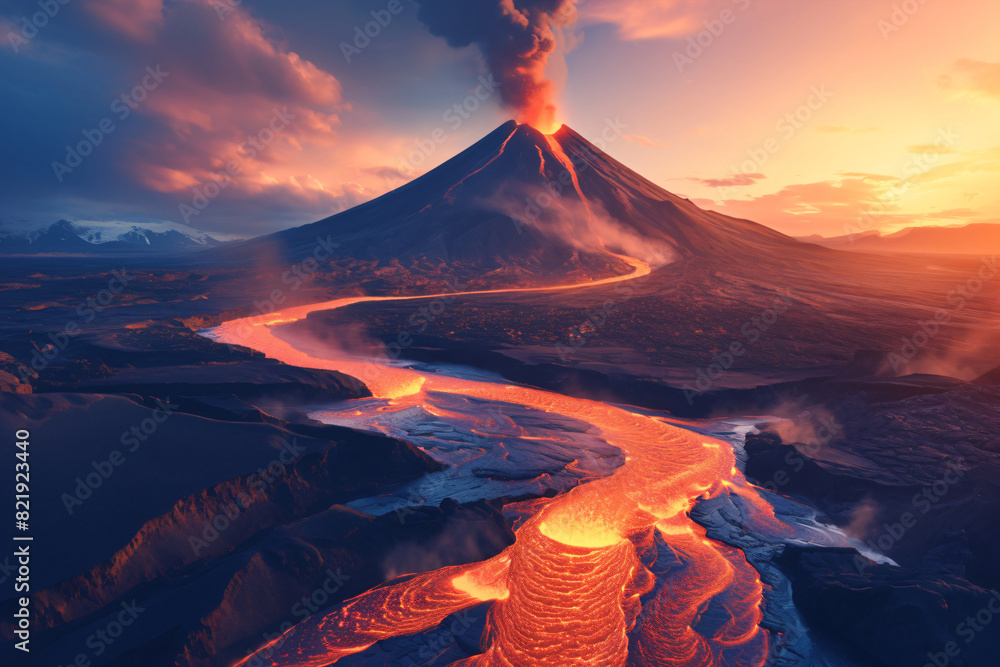 Volcanic eruption process. Landscape of volcano with exploding and ...