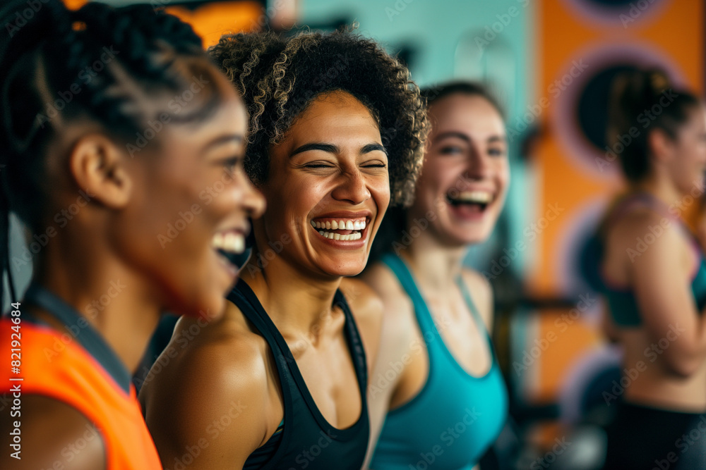 Fitness, laughing and friends at the gym for training, diverse pilates ...