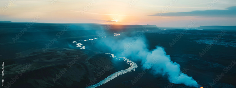 Volcanic eruption process. Landscape of volcano with exploding and ...
