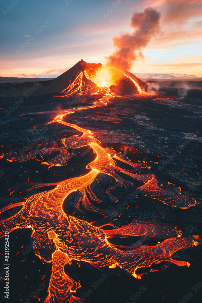 Volcanic eruption process. Landscape of volcano with exploding and ...