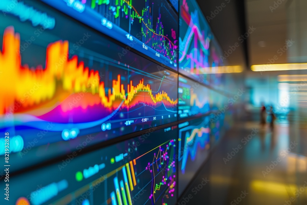 A vibrant display of graphs and charts on a wall, showcasing dynamic ... A vibrant display of graphs and charts on a wall, showcasing dynamic ...