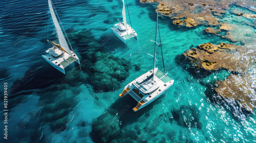Amazing view to water catamarans cruising in open sea - birds eye angle ...