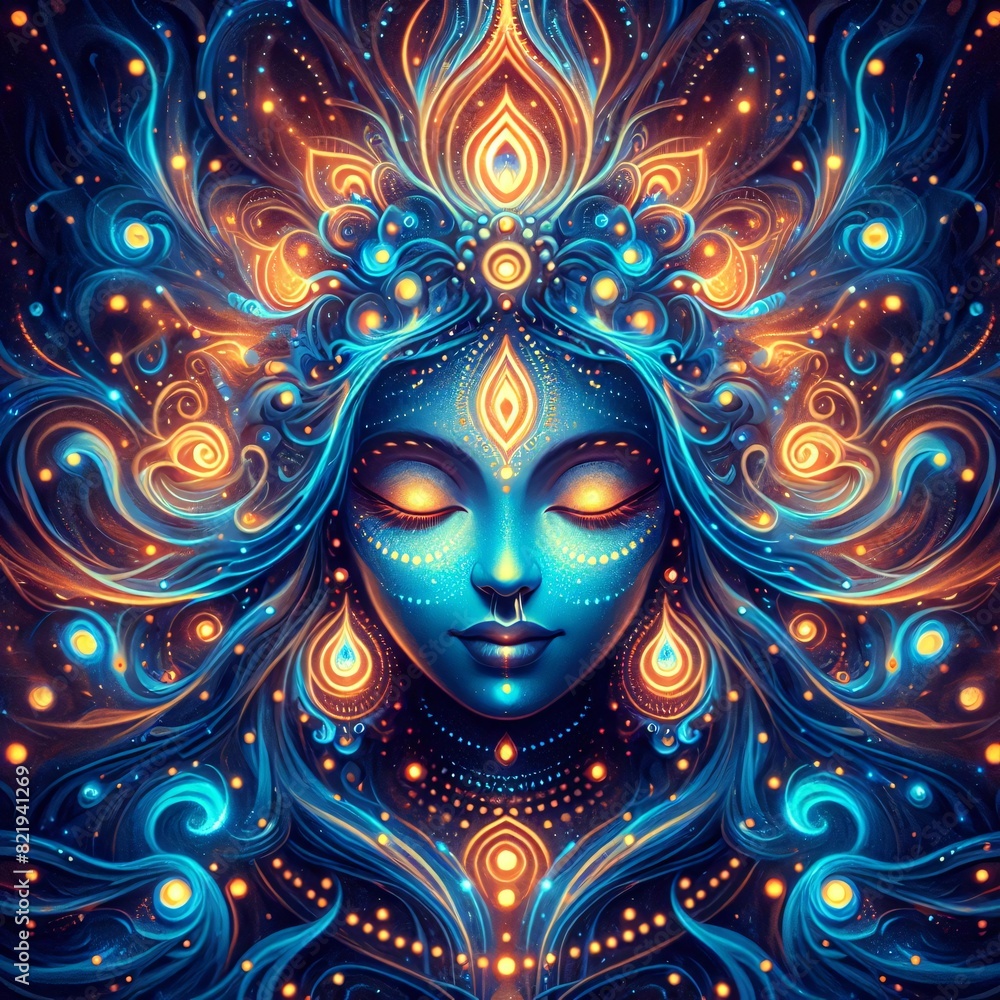 Image Indian goddess Kali Maa in orange and on dark blue colours. The ...