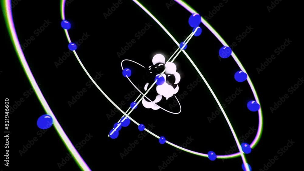 Atom with nucleus, neutrons, protons and electrons orbits glowing ...