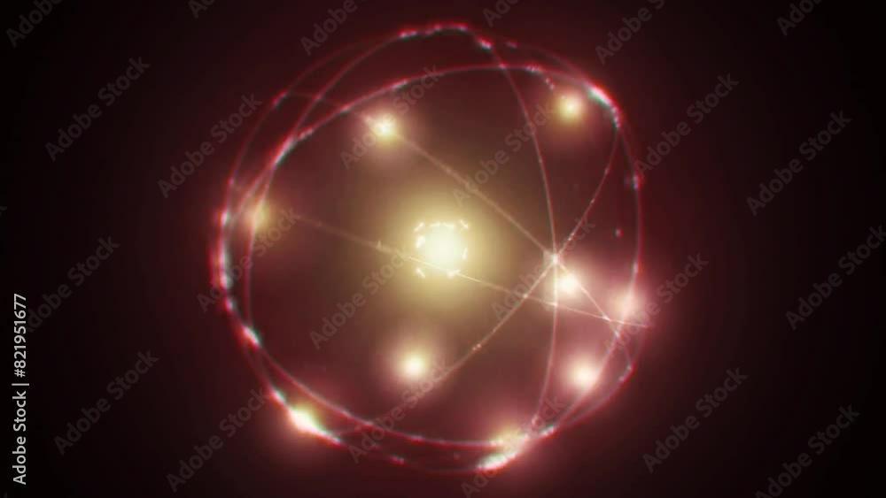 Atom with nucleus, neutrons, protons and electrons orbits glowing. Atomic structure. Concept of ...
