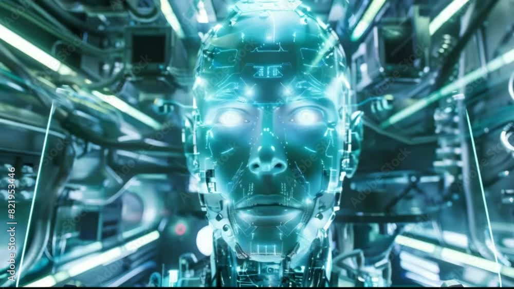 Cyborg internet god face in digital machinery room technology ...