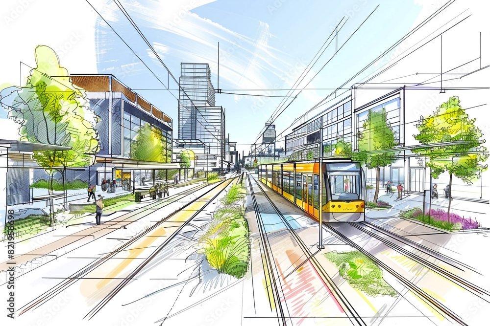Urban planning sketch highlighting sustainable elements like green ...