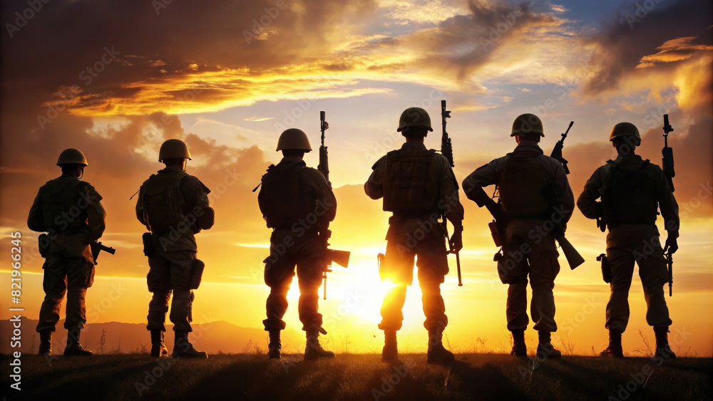 Silhouettes of army soldiers in the sunset Back view. Group of equipped ...