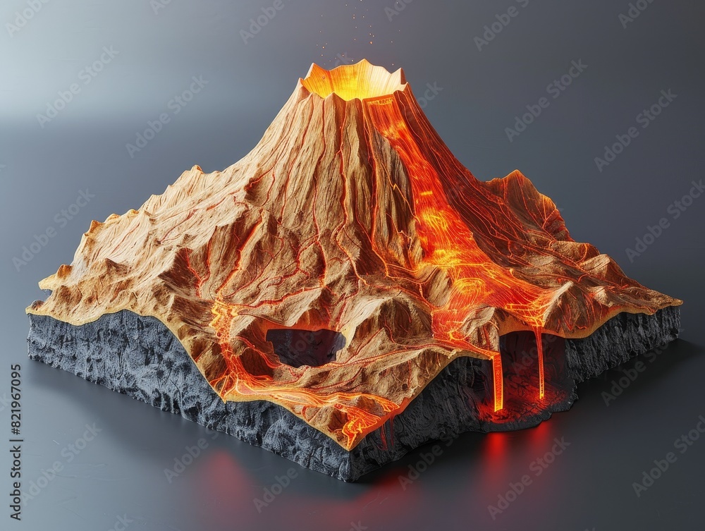 Intricate model of an active volcano showing lava flow, magma chambers ...