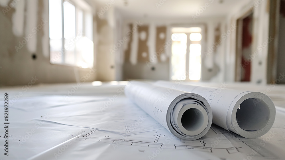 Construction drawing on the background of a renovated room, image of ...