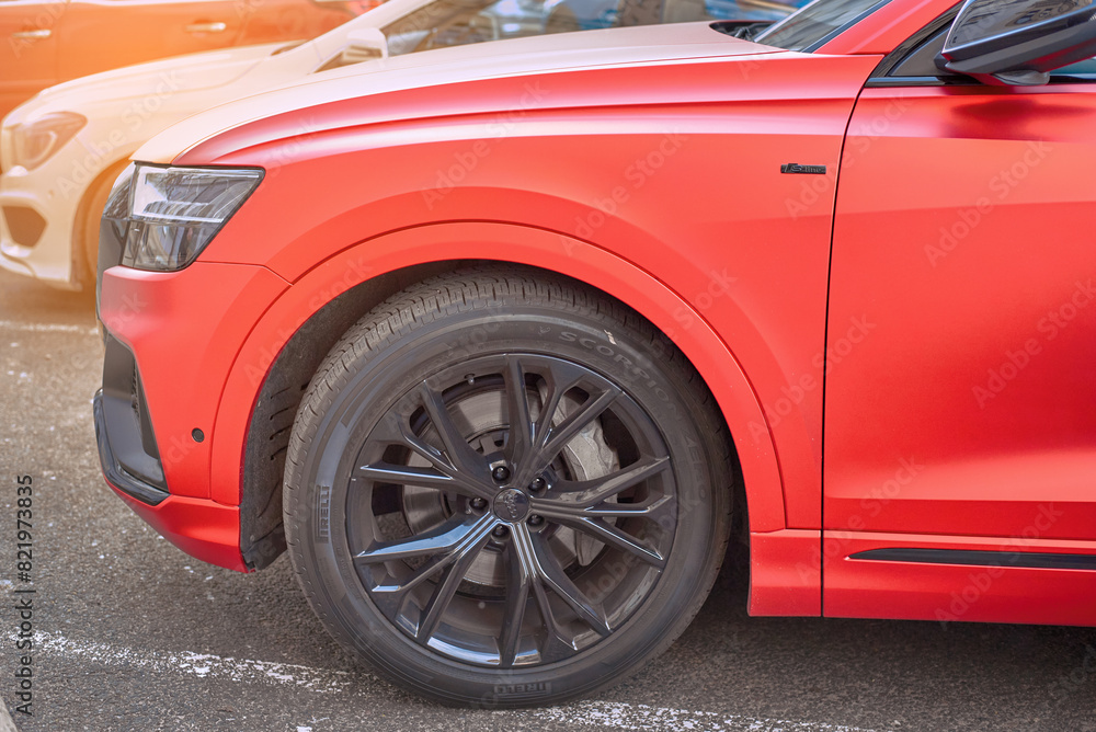 Minsk, Belarus. May 1, 2024. Front view of matte red Audi Q8 S line ...