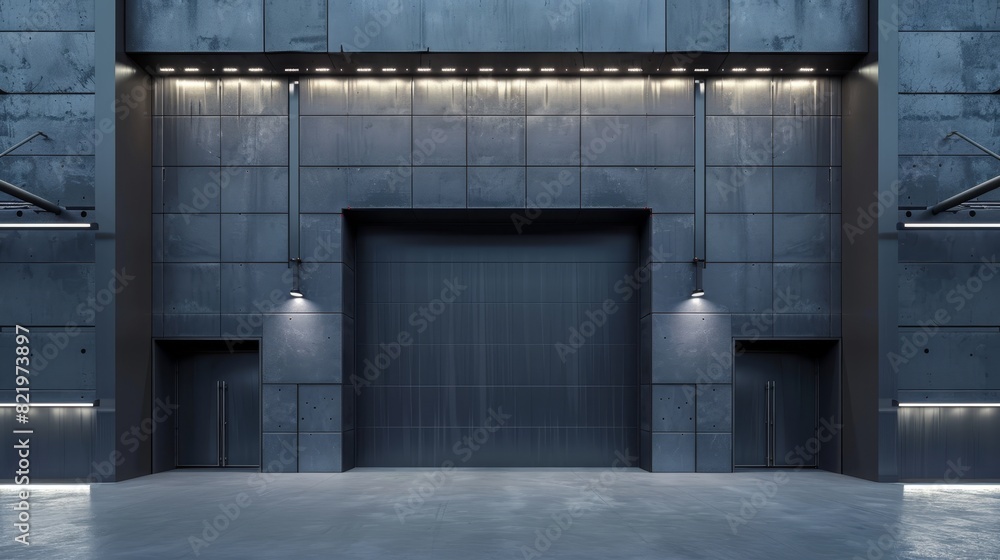 An entrance to an industrial building exterior with grey walls and led ...