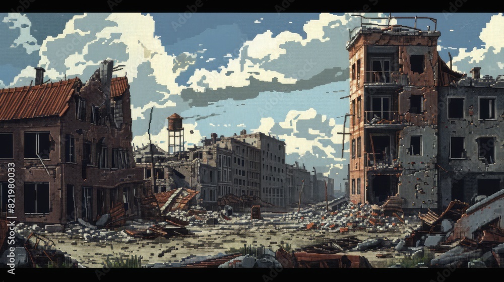This pixel art captures a devastated European town, featuring crumbling ...