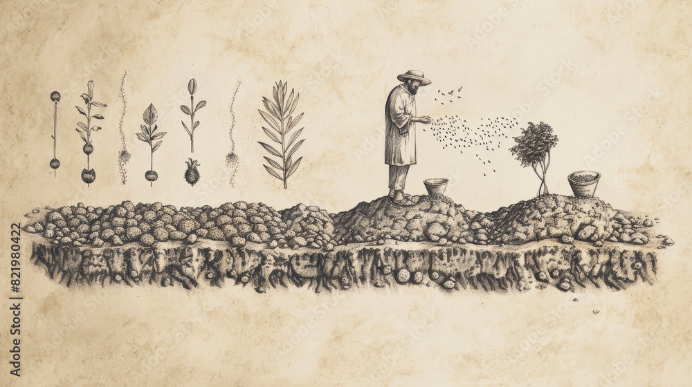 Watercolor of the Parable of the Sower: Farmer Scattering Seeds on ...