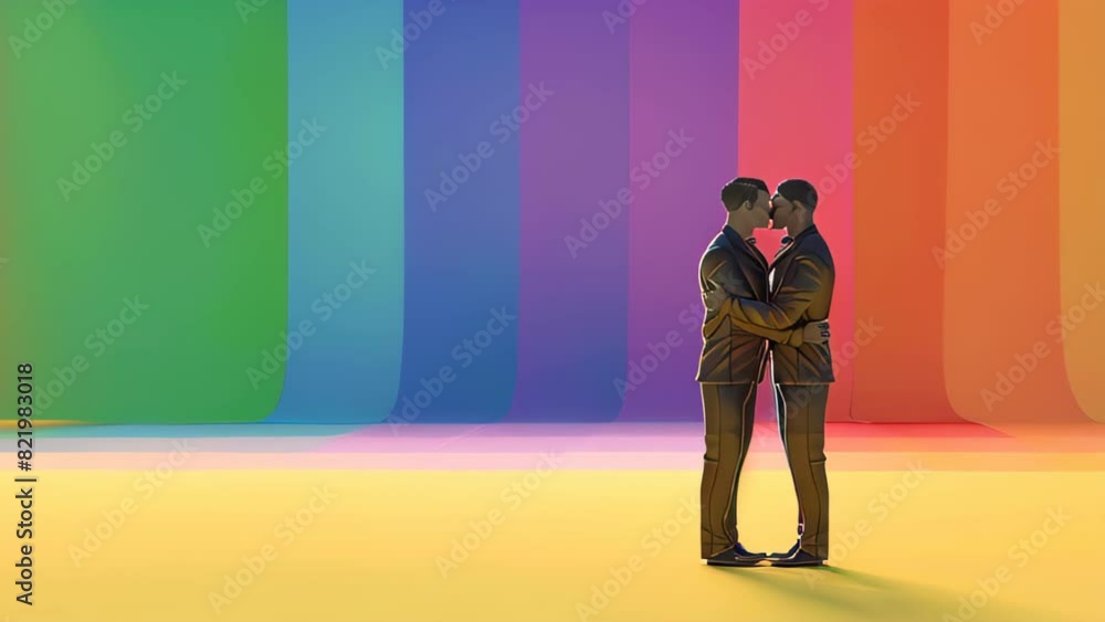 Two men kissing in front of a rainbow background. Scene is romantic and ...