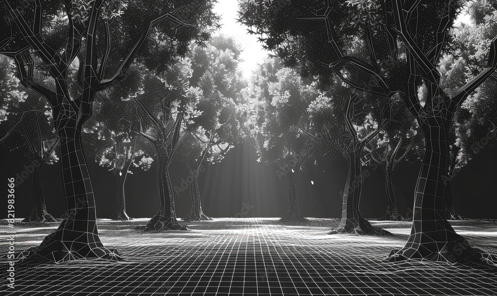 3D wireframe preview of forest, grid, only white lines, polygons, black ...