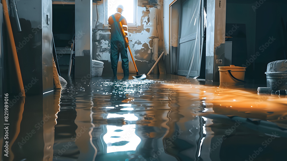 Mopping up deep floodwater in a basement or electrical room after a ...