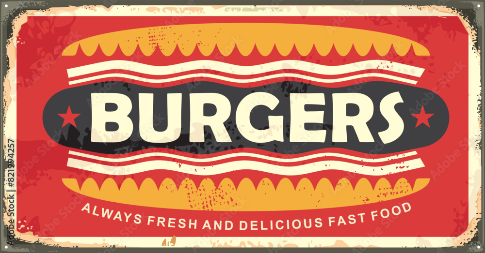 Retro advertising menu sign template with burger text. Fast food ...