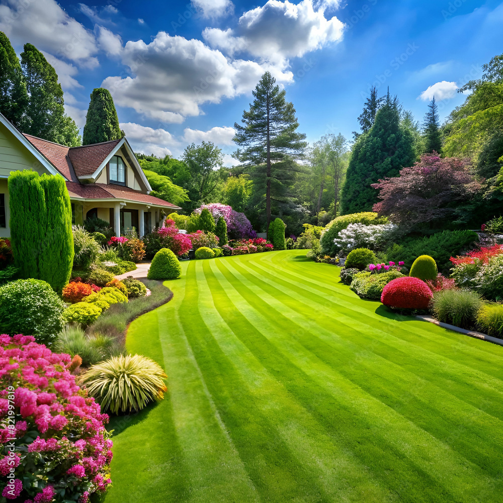 beautiful green garden lawn, grass stripes, checkerboard effect ...