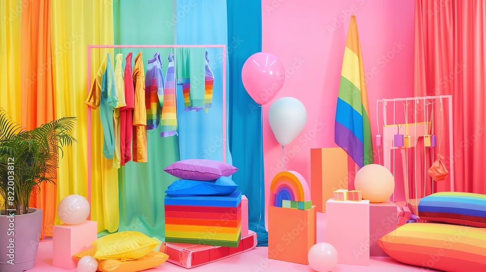 Rainbow Pride Flag in LGBT pridethemed merchandise stands, pride month ...