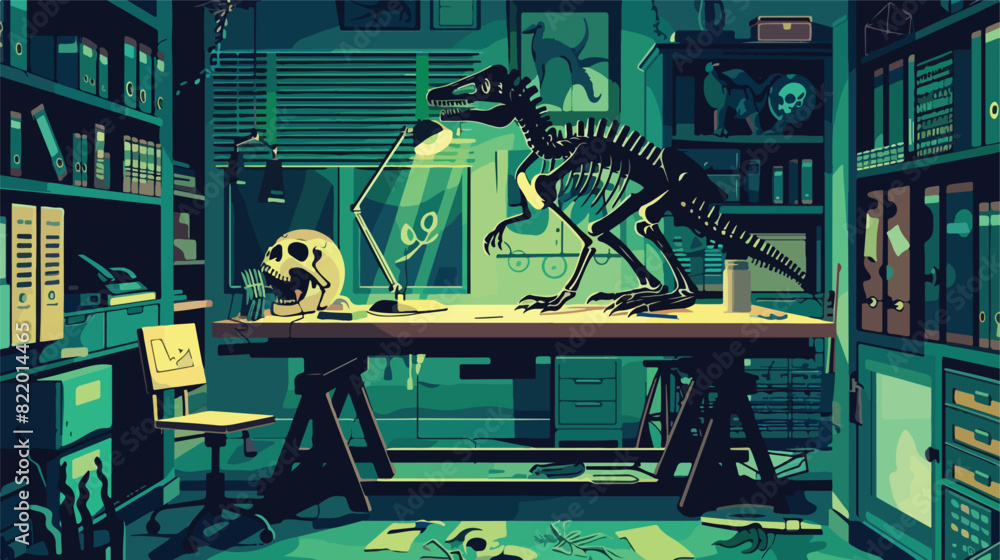 Archaeologist lab room and fossil on desk at night ca Stock Vector ...