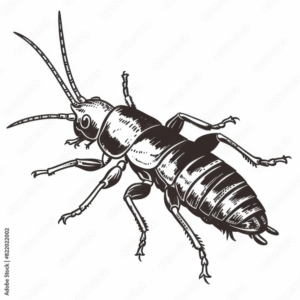 Highly detailed illustration of a cricket in black and white, showing ...