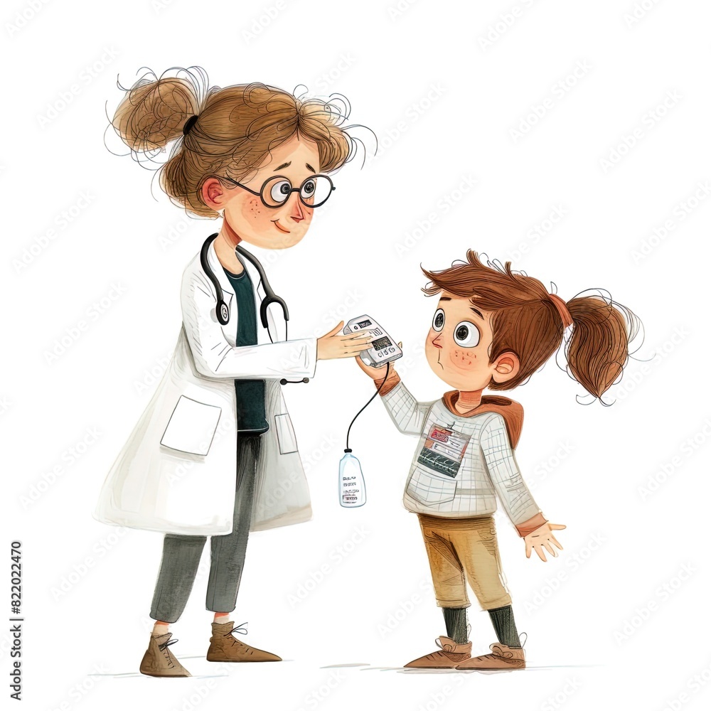 a whimsical, cute, female doctor, showing a young boy an insulin pump ...