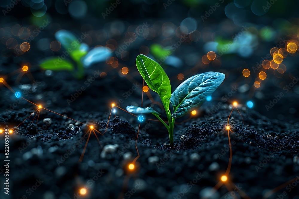 Young plant sprouting from fertile soil, highlighted with glowing ...
