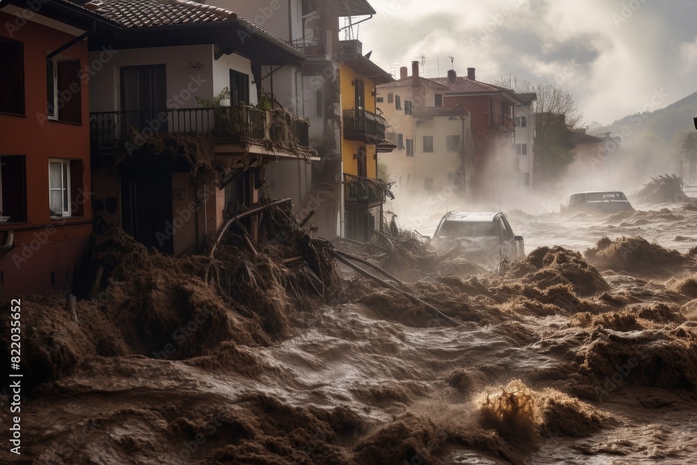 Flooded historic city with people wading through the water, showing the ...