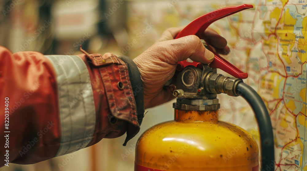 A close-up of a hand pulling the pin from a fire extinguisher with a ...