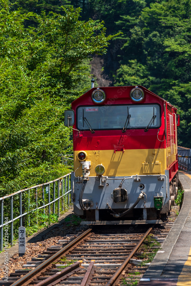 Oigawa railway ABT system trains run through the upstream of Ikawa ...
