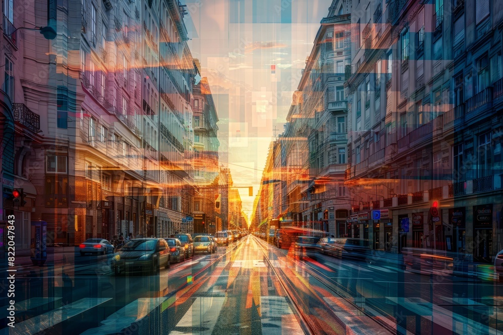 Eye-level angle photo, city street at sunset, divided into three ...
