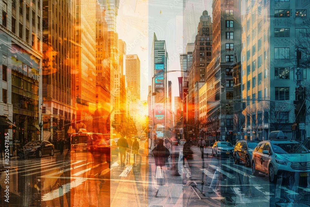 Eye-level angle photo, city street at sunset, divided into three ...