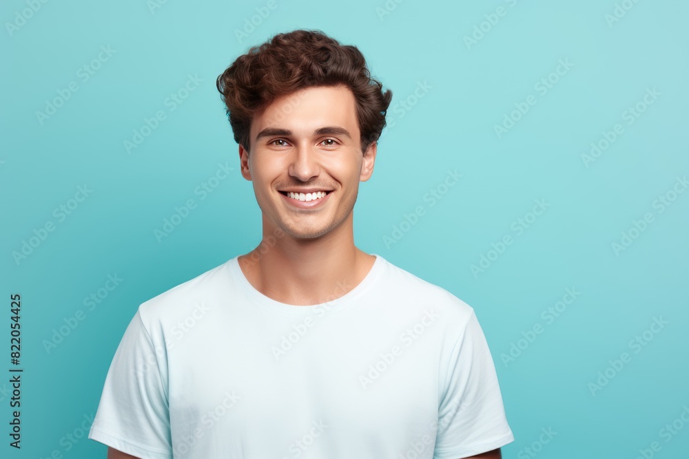 Cyan background Happy european white man realistic person portrait of ...