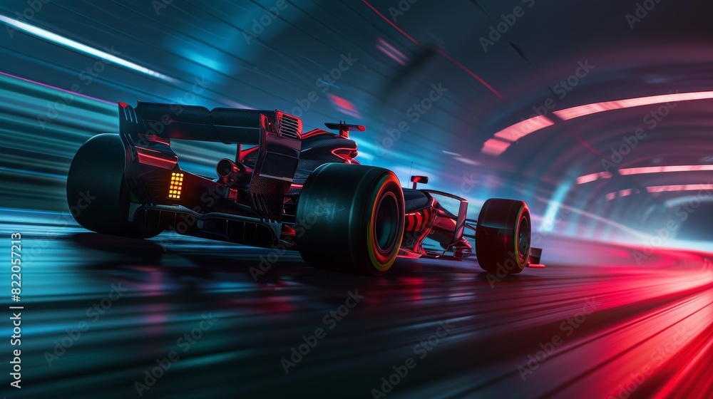 Long shot silhouette of an F1 race car speeding on a twilight track ...