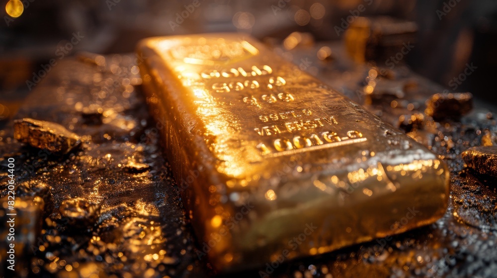 Detailed view of a gold bar with its weight and purity engraved, placed ...
