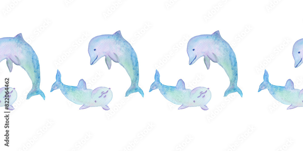 two dolphins with smile emotion horizontal border watercolor ...