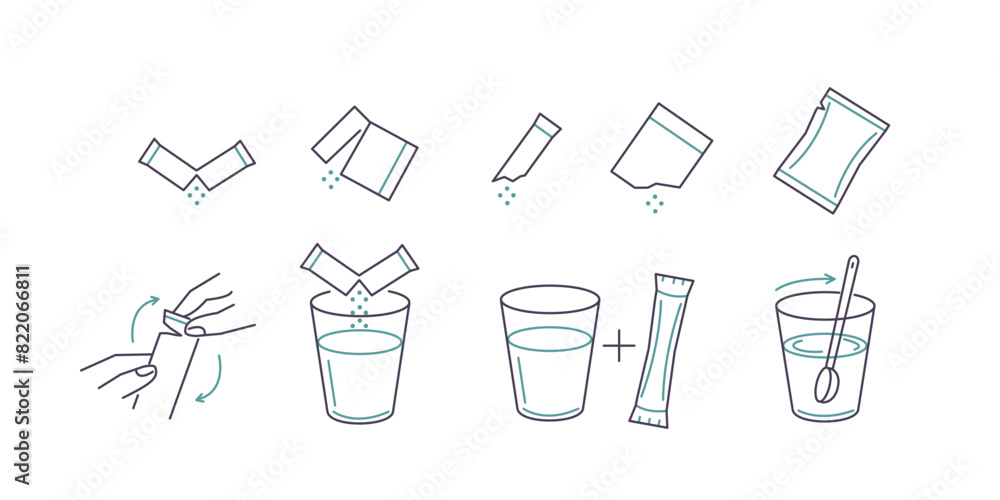 Sachet powder concept set. Instruction how to dissolve effervescent ...