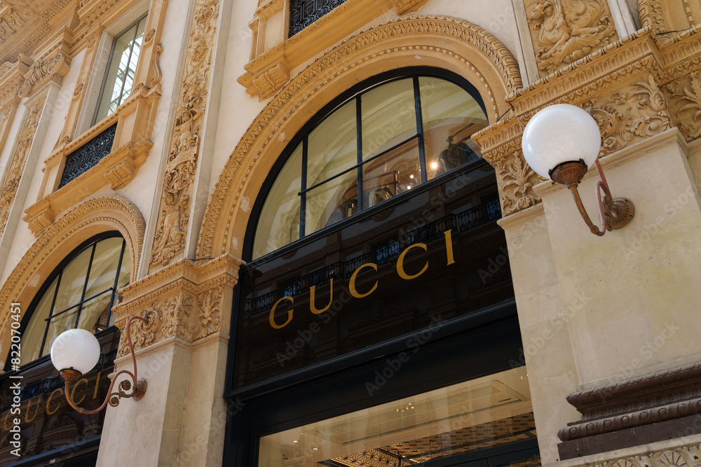 Milan, Italy - 24.04.2024: Gucci showcase located at shopping gallery ...