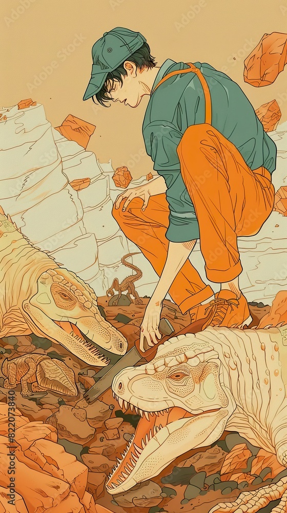 ภาพประกอบสต็อก Paleontologist uncovering dinosaur fossils in the desert ...